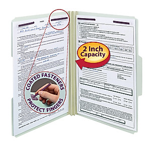 Smead Pressboard File Folder with SafeSHIELD® Fasteners, 2 Fasteners, 1/3-Cut Tab, 2" Expansion, Legal Size, Gray/Green, 25 per Box (19934)