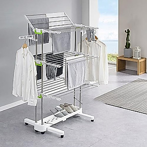 GAENZA Multifunctional Clothes Drying Rack Mobile Landing Folding Stainless Steel Double Pole Lifting Drying Rack Drying Rack Storage Indoor and Outdoor Simple