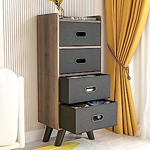PKUGU Storage Drawers Tower with 4 Drawers, Wood Tall Nightstand with Drawer, Black Fabric Dressers for Closets, Storage Cabinet for Clothes, Vintage Rustic Dresser, Living Room, Hallway, Office