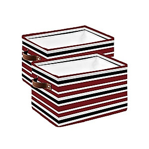 Vintage Red Black Abstract Geometric Stripe Cube Storage Organizer Bins with Handles, 15x11x9.5 Inch Collapsible Canvas Cloth Fabric Storage Basket, Books Kids' Toys Bin Boxes for Shelves, Closet