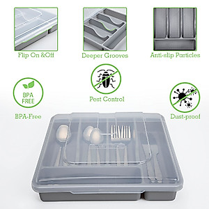 SUICGYU Silverware Organizer with Lid for Drawer, Plastic Utensil Holder for Countertop, Flatware Organizer Cutlery Tray with Cover 5 Compartments (Gray)