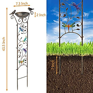 LEWIS&WAYNE Garden Trellis Bird Bath Outdoor, 43.5 Inch Antique Iron Garden Plant Trellis Decorative with Dragonfly and Detachable Drinking Basin Bowl, Free Standing BirdBath Birdfeeder Station