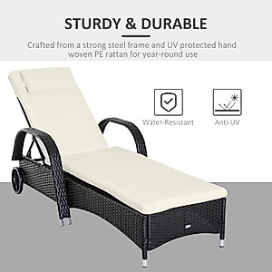 Outsunny Wicker Outdoor Chaise Lounge, 5-Level Adjustable Backrest PE Rattan Pool Lounge Chair with Wheels, Cushion & Headrest, Dark Coffee and Cream White