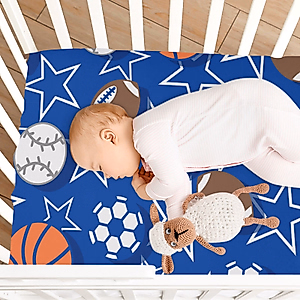 Baby Fitted Mini Crib Sheets Portable Playard Sheets Stretchy Basketball Star Blue Girls Boys Soft Modal