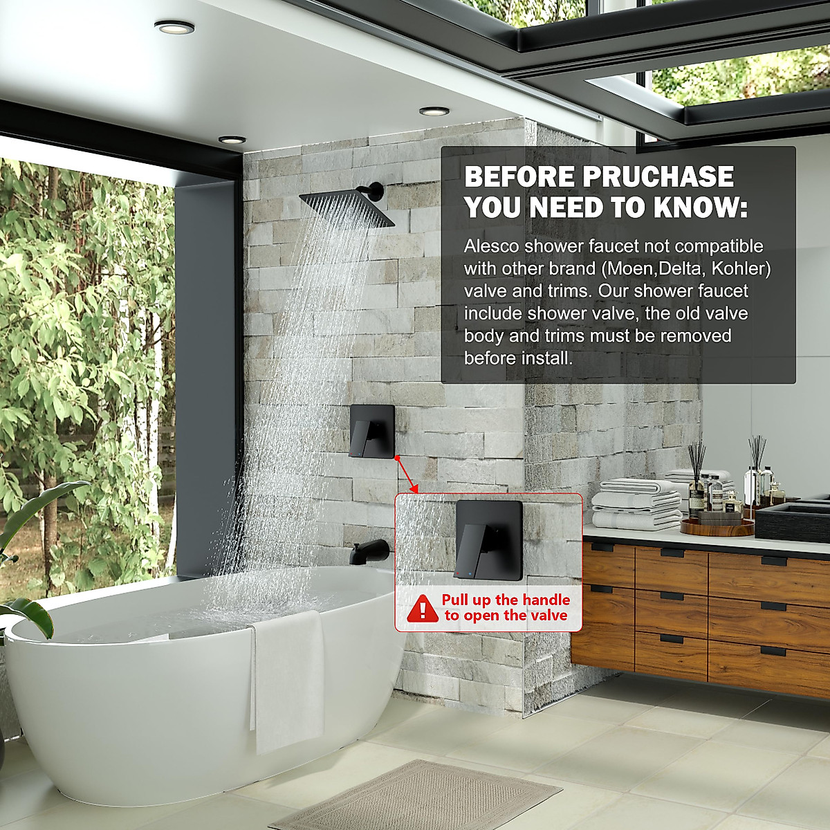 Alesco Tub Shower Faucet, Black Shower Faucet Set with 8-Inch Shower Head and Tub Spout, Shower Head and Handle Set Include Shower Valve, Tub Shower Trim Kit, Matte Black