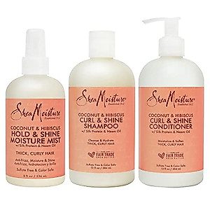SheaMoisture Moisturize and Define Shampoo, Conditioner, and Curl and Shine Mist for Curly Hair Care Coconut and Hibiscus with Shea Butter and Coconut Oil