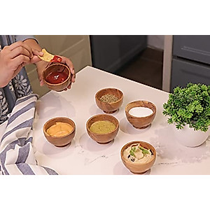 LAVAUX DESIGNS Set of 6 Acacia wood small bowls, 4 fl oz 3.25 * 2 inches | Charcuterie Accessories | Wooden Kitchen Mini Cups for serving Dips, Sauce, Nuts, Prep, Spice & Condiments
