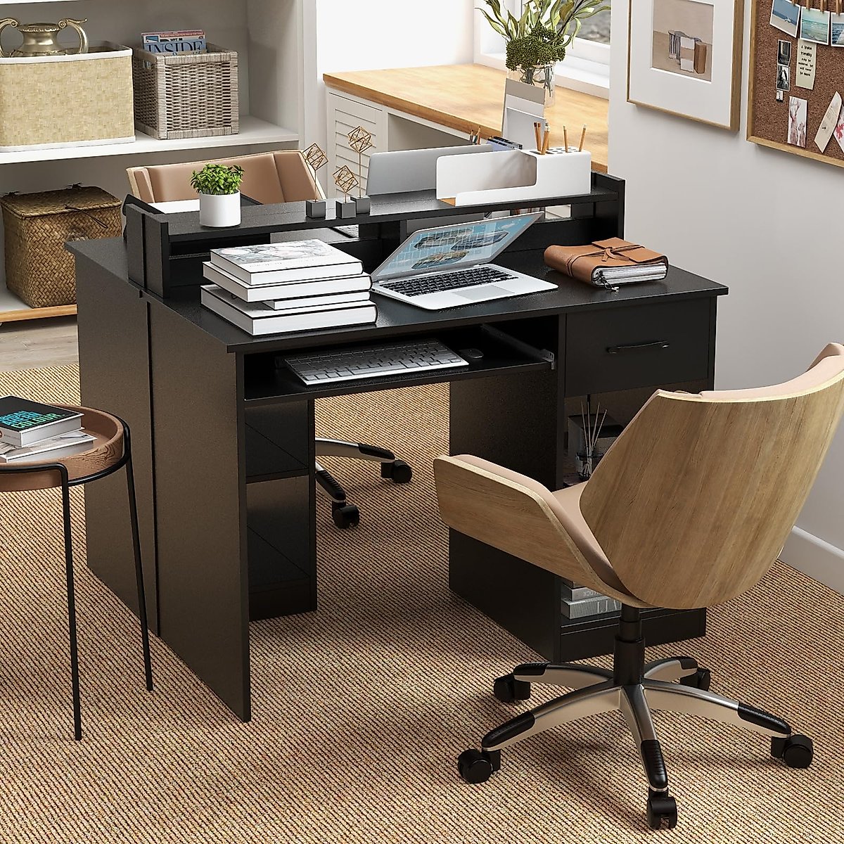 HAPPYGRILL Computer Desk with Monitor Stand, Home PC Office Desk with Keyboard Tray, Drawer & CPU Stand, Study Writing Desk Home Workstation Desk with Display Shelf