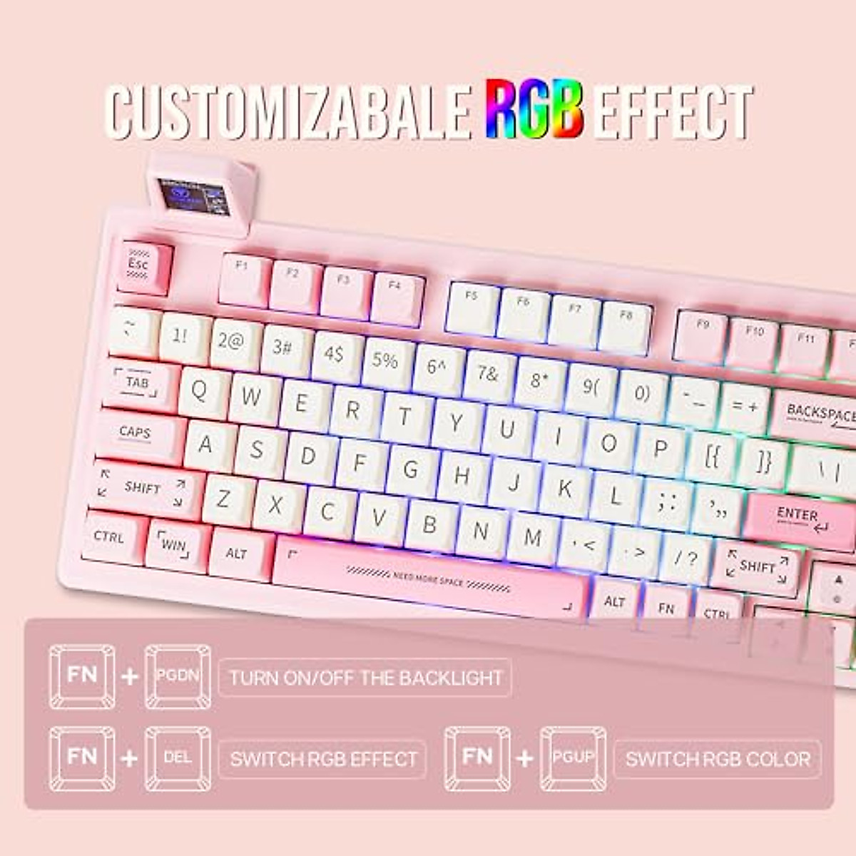 EPOMAKER RT100 97 Keys Gasket BT5.0/2.4G/USB-C Mechanical Keyboard with Customizable Display Screen, Knob, Hot Swappable Socket, 5000mAh Battery for Win/Mac(RT100 Pink, Sea Salt Silent Switch)