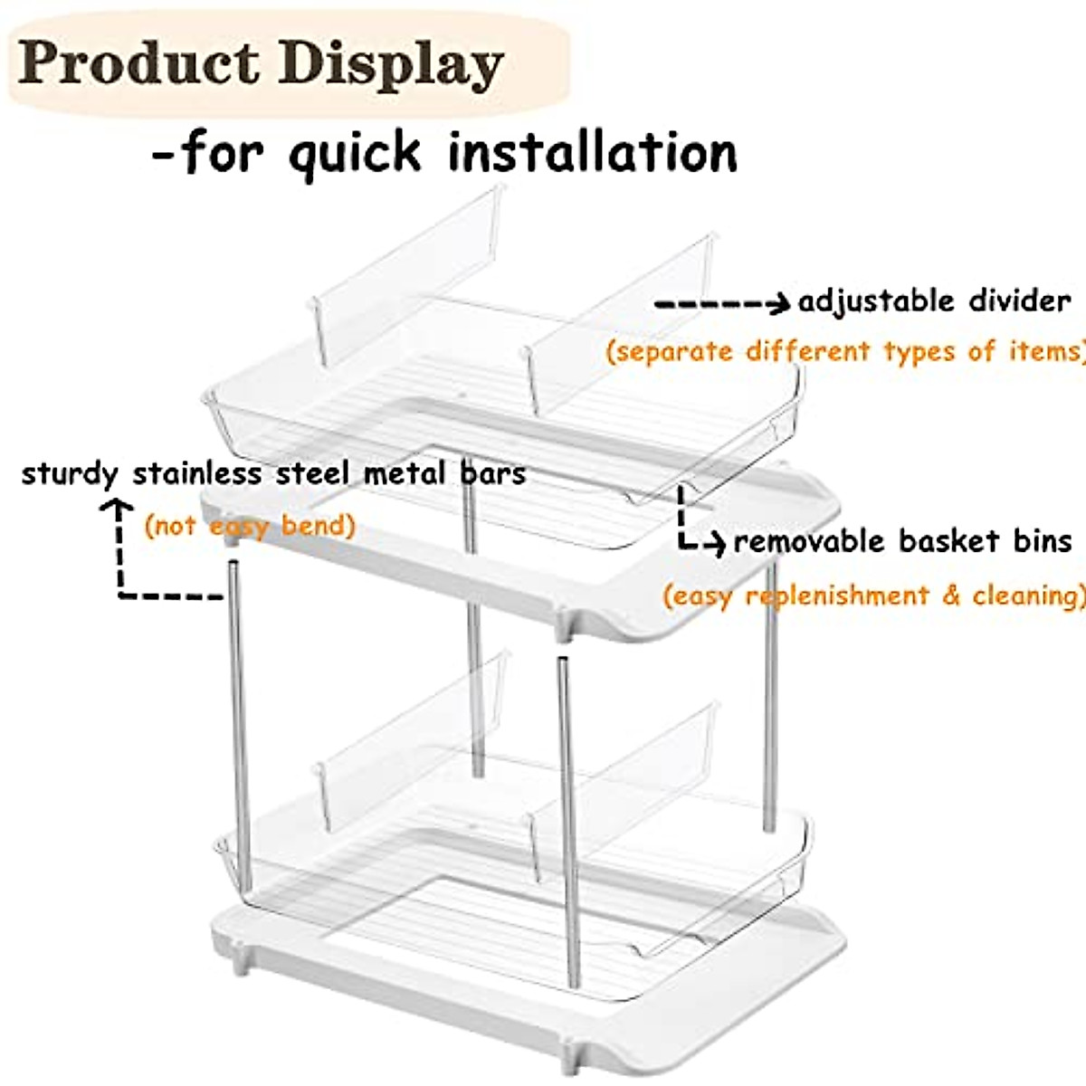Lyellfe 2 Tier Clear Organizer with Divider, Pull Out Under Sink Organizer and Storage, Sliding Spice Rack Medicine Cabinet Bins, Multi-purpose Vanity Tray for Bathroom, Kitchen Pantry