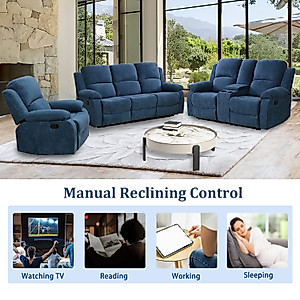 Plithzy Recliner Sofa Set Living Room Furniture, Microfiber Fabric Reclining Sofa Set, Recliner Couch Set with Cup Holders for Office Home (3 Piece Living Room Furniture Set, Blue)