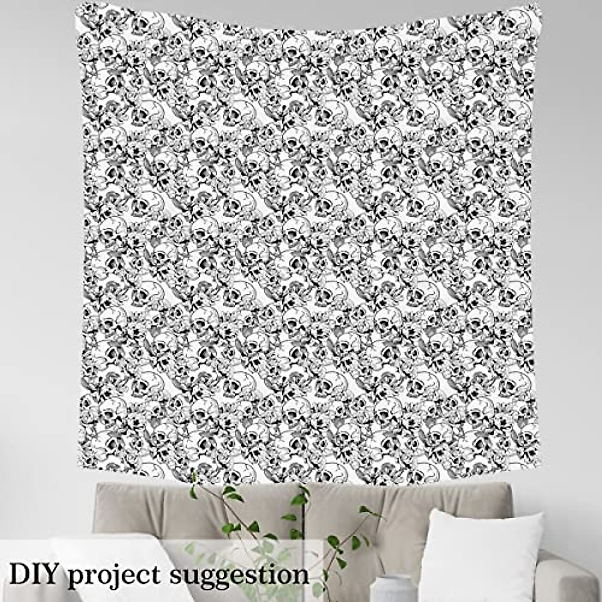 Erosebridal Sugar Skull Upholstery Fabric, Retro Floral Fabric by The Yard, Halloween Gothic Theme Decorative Fabric, Hand Drawn Skeleton Bones Waterproof Fabric, Black White, 1 Yard