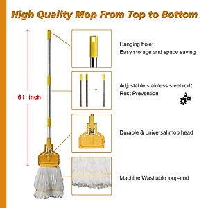 Commercial Mop Heavy Duty Industrial Cotton Mop, 61 inch Metal Commercial Mop Stick for Home, Garage,Office, Workshop, Warehouse Floor Cleaning, 1 Pack