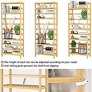 Homykic Bookshelf, 6-Tier Bamboo Adjustable 63.4” Tall Bookcase Book Shelf Organizer, Free Standing Storage Shelving Unit for Living Room, Kitchen, Bedroom, Bathroom, Office, Rust Resistance, Natural