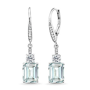 Gem Stone King 925 Sterling Silver Sky Blue Simulated Aquamarine and White Topaz Dangle Earrings For Women (5.26 Cttw, Gemstone Birthstone, Octagon 9X7MM)