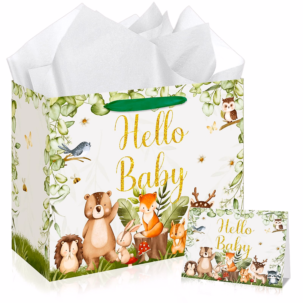 Baby Shower Paper Bag Hello Baby Large Gift Bag Woodland Animals Sage Green Baby Girl Boy Wrapping Paper with Tissue Paper Card for Baby Shower Birthday Gender Reveal Party Favors Decorations Supplies