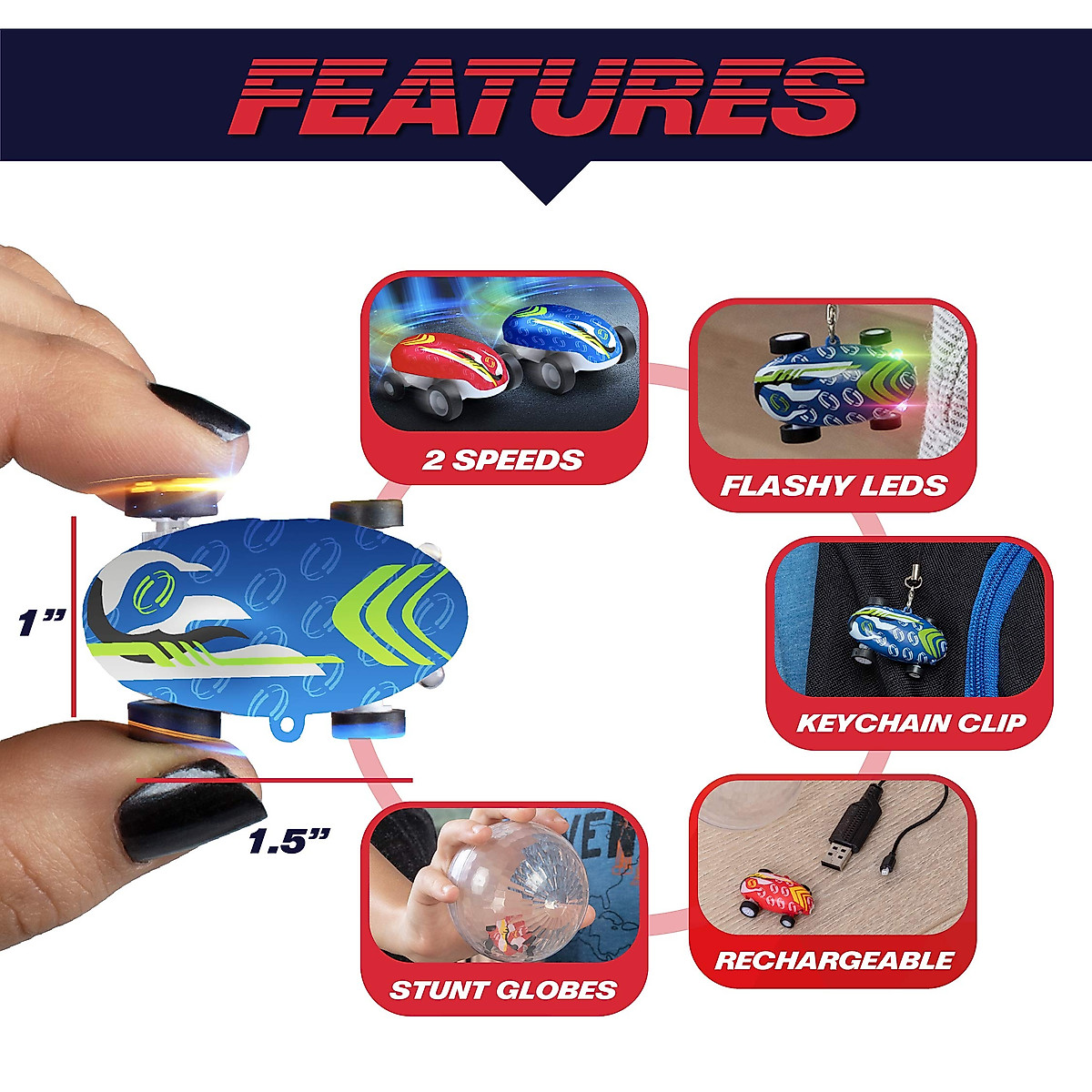 USA Toyz Whipz Duo Micro Racers Toy Cars for Kids - 2pk Mini Keychain Cars, Glow in The Dark LED Fast Pocket Racers Fidget Toys, 2 Mini Cars with 2 Racing Stunt Balls, 2 Clips, and 2 USB Chargers
