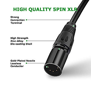 HOSONGIN 5 PIN XLR DMX Cable Adapter 5 Feet, DMX512 5PIN DMX Female to Male 5-PIN DMX Cable