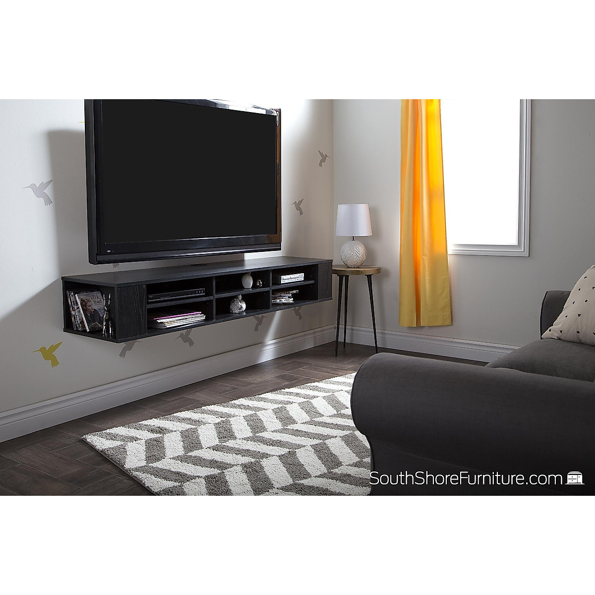 City Life Wall Mounted Media Console - 66” Wide - Extra Storage - Black Oak - By South Shore