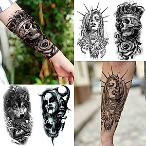 Shegazzi 62 Sheets Wolf Lion Skeleton Temporary Tattoos For Men Women Arm, 3D Realistic Tattoo Stickers For Adults Kids Neck, Black Scary Skull Halloween Vampire Fake Tatoos Snake Flower Compass