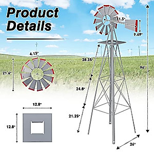 Betterland 8FT Metal Windmill Ornamental Spinner Backyard Garden Decoration Weather Vane for Yard Weather Resistant (Grey)