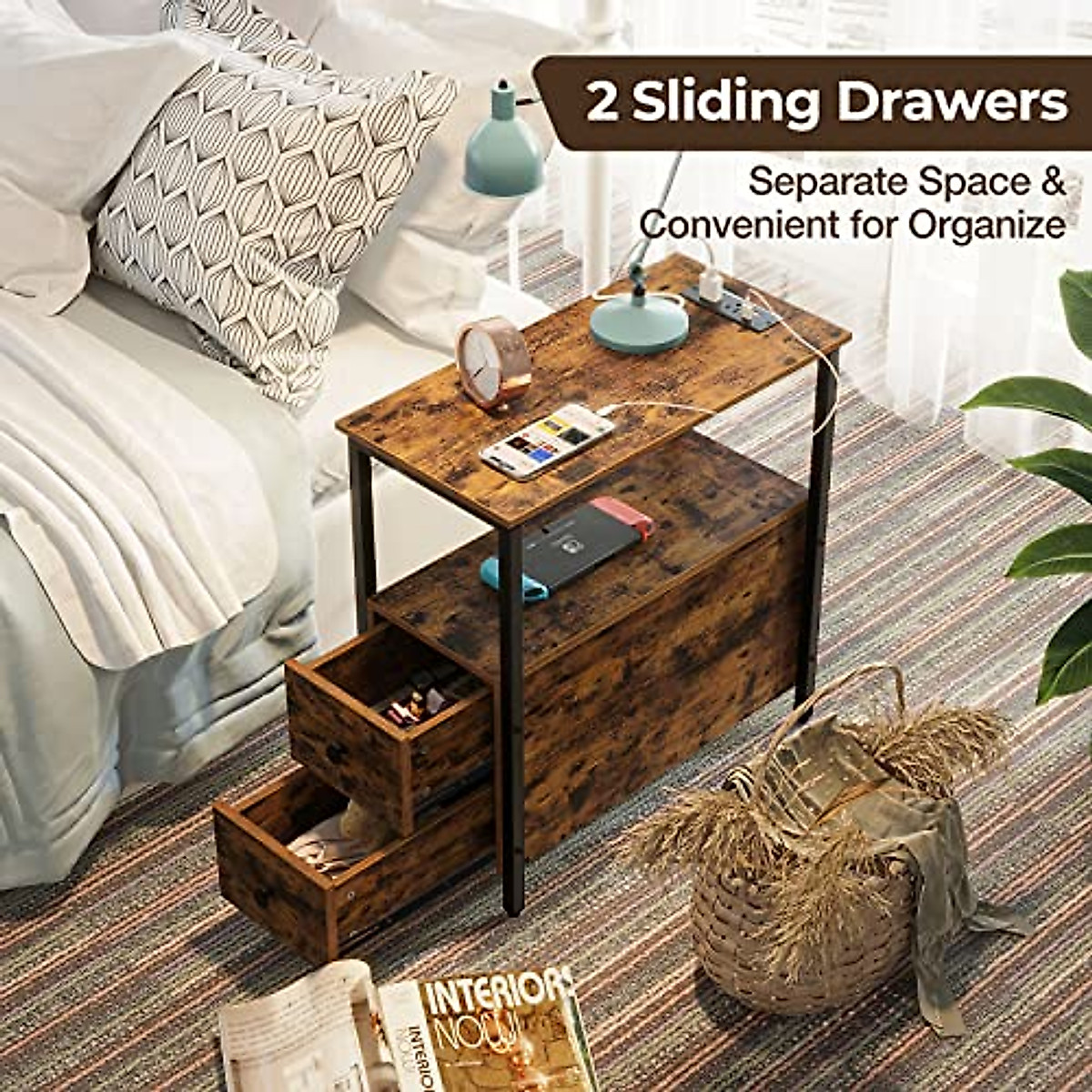 Rolanstar End Table with Charging Station, Narrow Side Table with 2 Wooden Drawers, USB Ports and Power Outlets, Nightstand Sofa Table for Small Spaces, Living Room, Bedroom, Rustic Brown