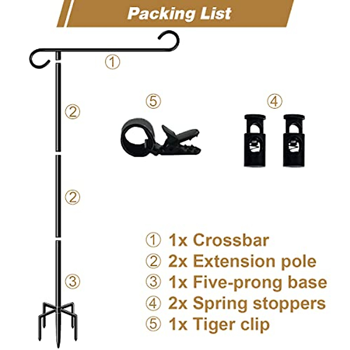 Whoonba 51 Inch Tall Garden Flag Stand Holder with 5 Prong Base, Yard Flag Pole Holder for 12x18 Outdoor Small Flag Decor with Two Spring Stoppers and a Tiger Clip, 2 Pack
