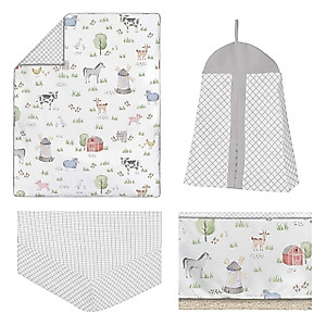 Sweet Jojo Designs Farm Animals Baby Boy or Girl Nursery Crib Bedding Set - 4 pieces - Watercolor Farmhouse Lattice Horse Cow Sheep Pig