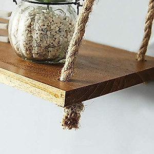 SAND MINE Set of 3 Wood Wall Hanging Shelf, Wood Floating Shelves, Hanging Swing Rope Shelves, Rustic Rope Hanging Shelves, Rustic Wall Decor Swing Shelf, Wall Display Shelves for Living Room Bedroom
