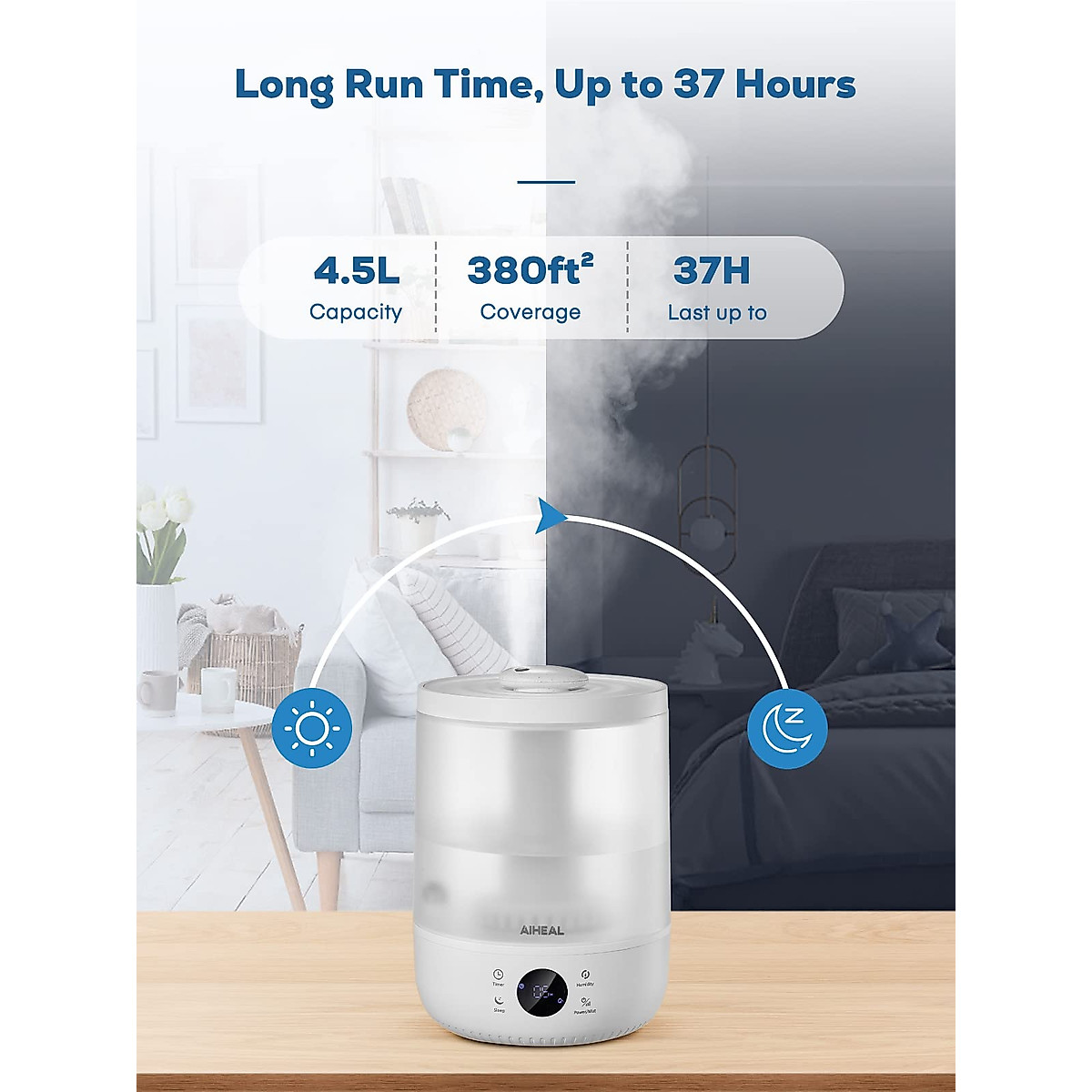 Aiheal Humidifiers for Bedroom Large Room, 4.5L Top Fill Cool Mist Ultrasonic Humidifier for Plants and Baby, Lasts 37 Hours, Timer, Auto Shut Off, Super Quiet, Sleep Mode, White
