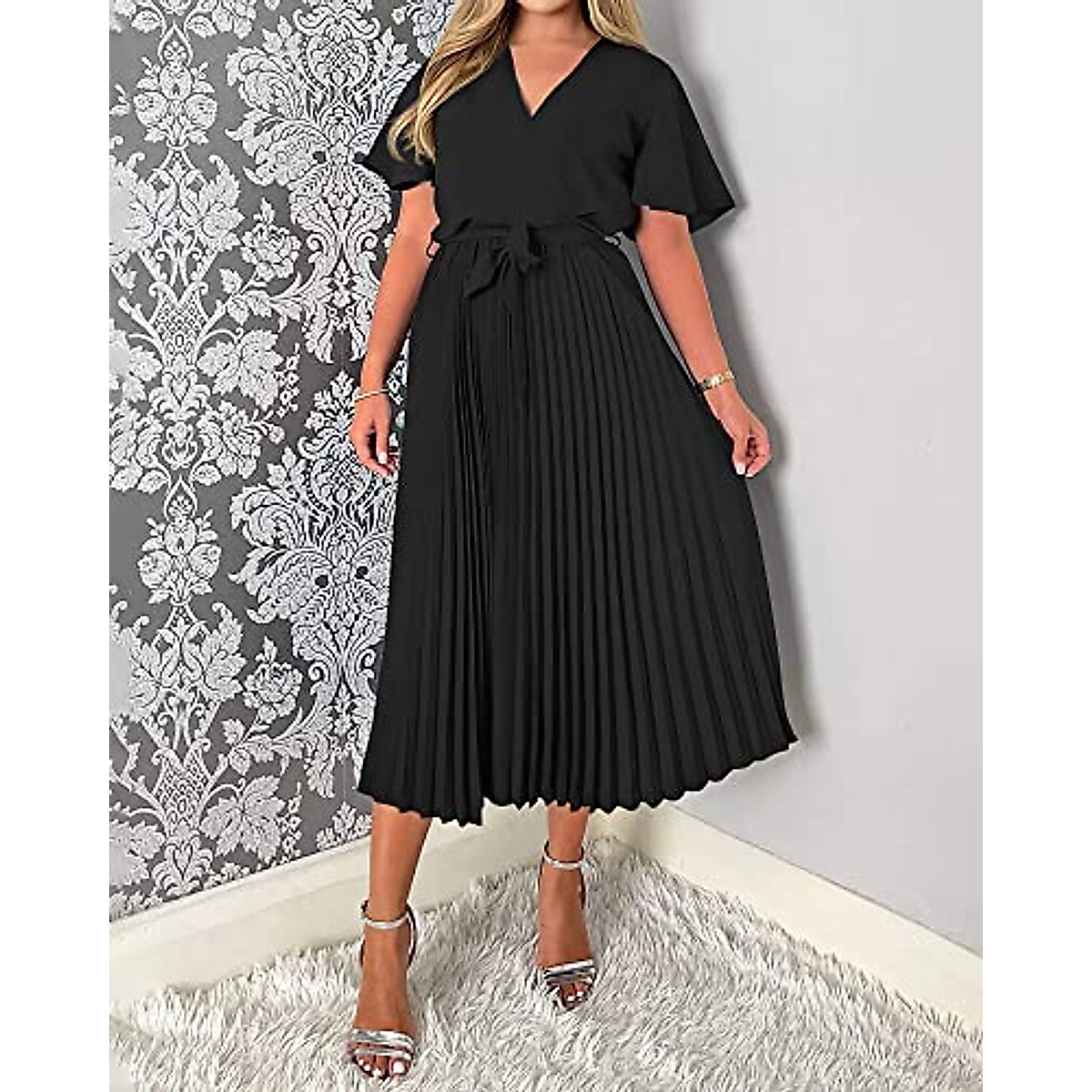 BTFBM Women Wrap V Neck Casual Summer Dresses 2023 Short Sleeve Satin Tie Waist Pleated Flowy Wedding Guest Midi Dress(Solid Black, Medium)