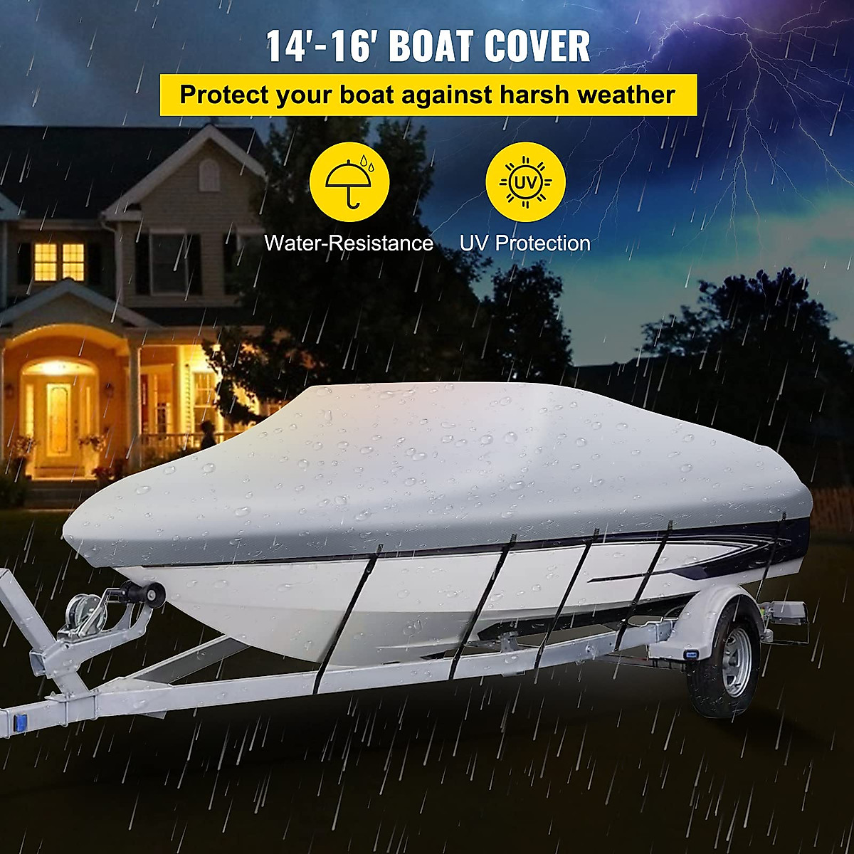 VEVOR Waterproof Boat Cover, 14'-16' Trailerable Boat Cover, Beam Width up to 90" v Hull Cover Heavy Duty 210D Marine Grade Polyester Mooring Cover for Fits V-Hull Boat with 5 Tightening Straps