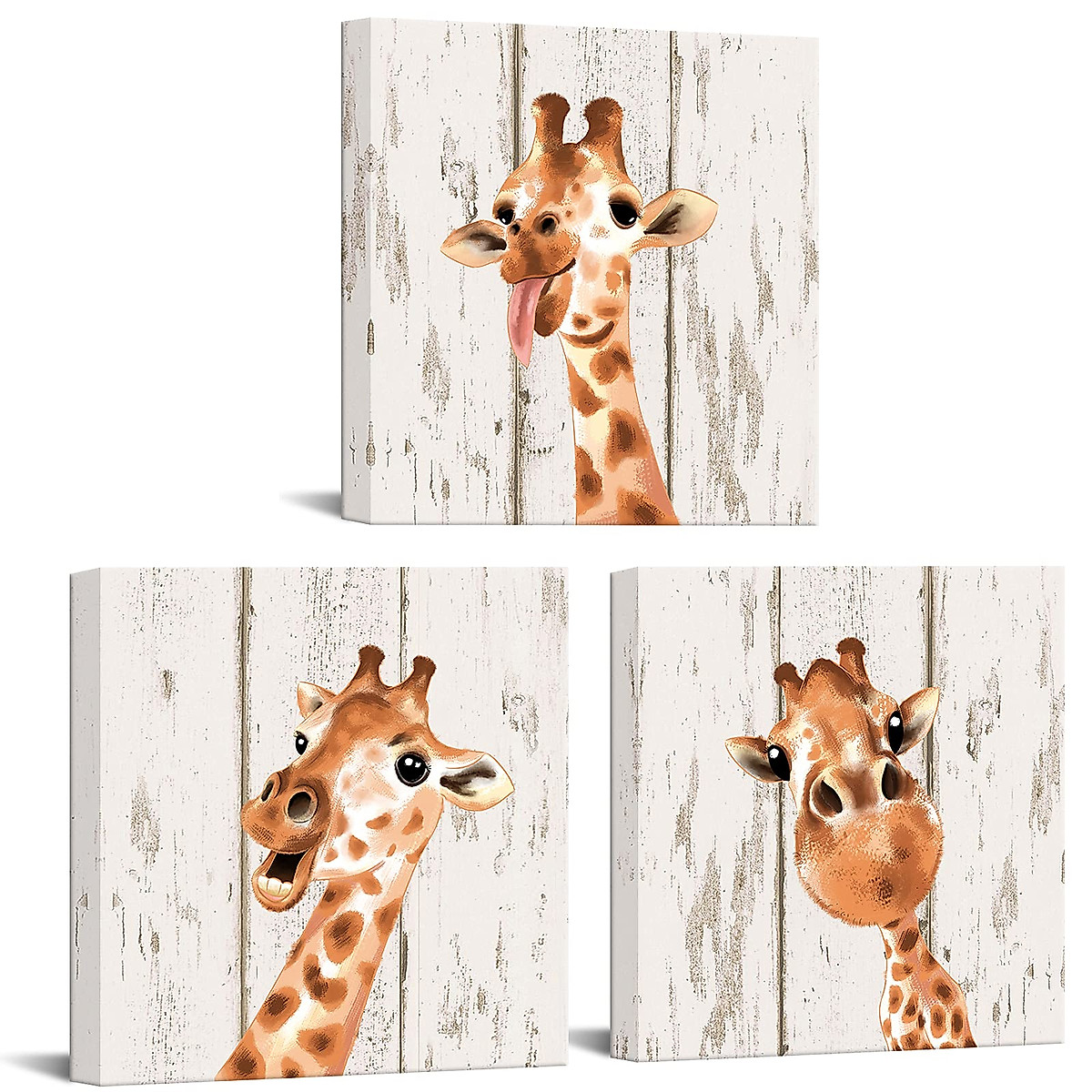 SiMiWOW Funny Giraffe Wall Art Giraffe Painting Kids Children Bedroom Living Room Nursery Wall Decor Framed Ready to Hang 12"x12"x3 Pieces