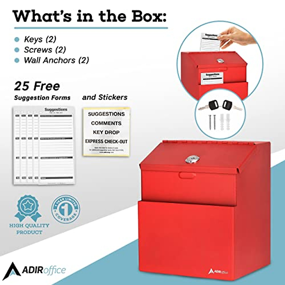 Adir Wall Mountable Steel Suggestion Box with Lock - Donation Box - Collection Box - Ballot Box - Key Drop Box - Safe Storage Box with 25 Suggestion Cards (Red)