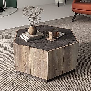 Betoko Industrial Wooden Coffee Table with Storage Drawers Rustic Farmhouse Center Coffee Table for Living Room Office with Cement Pattern Hexagonal Table Top for Small Spaces