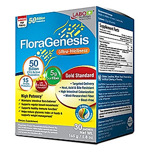 LABO Nutrition FloraGenesis - Probiotics 50 Billion CFU for Women & Men, 15 Strains, 600x More Survivability, Delayed Release, Stomach Acid Resistant, for Gut and Digestive Health - 30 Bags Powder