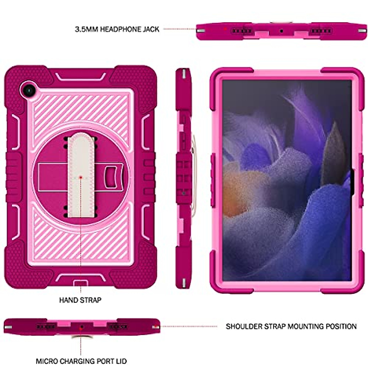 ZUBEE Cover Case Shockproof Protective Cover 360 Degree Rotating Bracket Case Compatible with Samsung Galaxy Tab A8 10.5-Inch 2021 (SM-X200/X205/X207) Protective Cover(Rose Red+Pink)