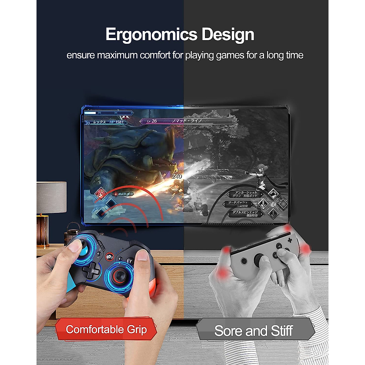 Switch Controller for Nintendo with Wake Up, Bluetooth Gamepad Remote Grip with Macro Motion Vibration Turbo RGB Light, Wireless Pro Controller Joy Con Switch for Kids Gifts - Blue&Red