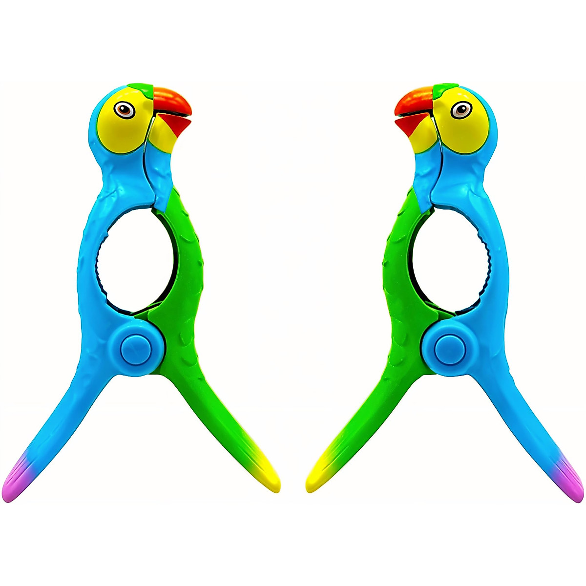Performore 2 Pack of Parrot Beach Towel Clips, Portable Towel Holder Clips, Secure Clips for Beach Chairs Deck Patio Pool Boat Cruise Lounge Chair Accessories (Light Blue and Green)