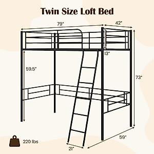 Giantex Twin Size Loft Bed, Metal Loft Bed Frame with Ladder & Safety Guardrail, Space-Saving Loft Bed with Ample Space Underneath, for Teens Junior and Adults, No Box Spring Need, Black