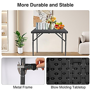 REDCAMP 32" Square Folding Card Table with Ratten Top, Portable Fold in Half Small Card Tables with Adjustable Legs for Adults Indoor Outdoor Use, Black