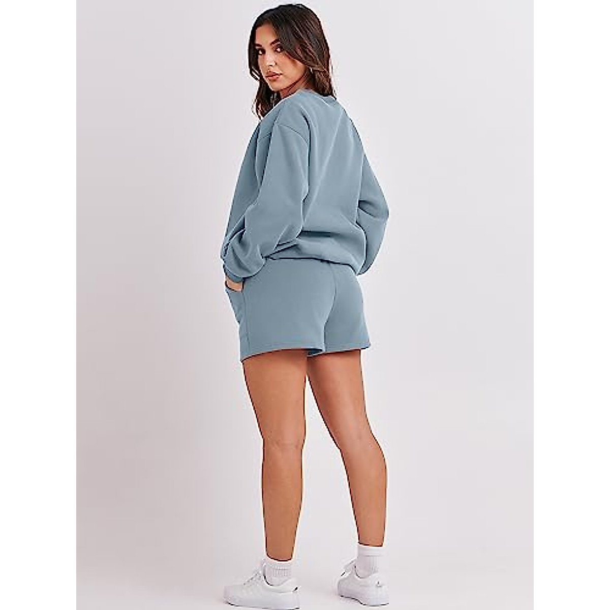 ANRABESS Women 2 Piece Lounge Set Fall Outfits Sweatsuit Fleece Oversized Crewneck Sweatshirt Loungewear Shorts 2023 Casual Cozy Pajamas Macthing Tracksuit Set 1047huilan-XL