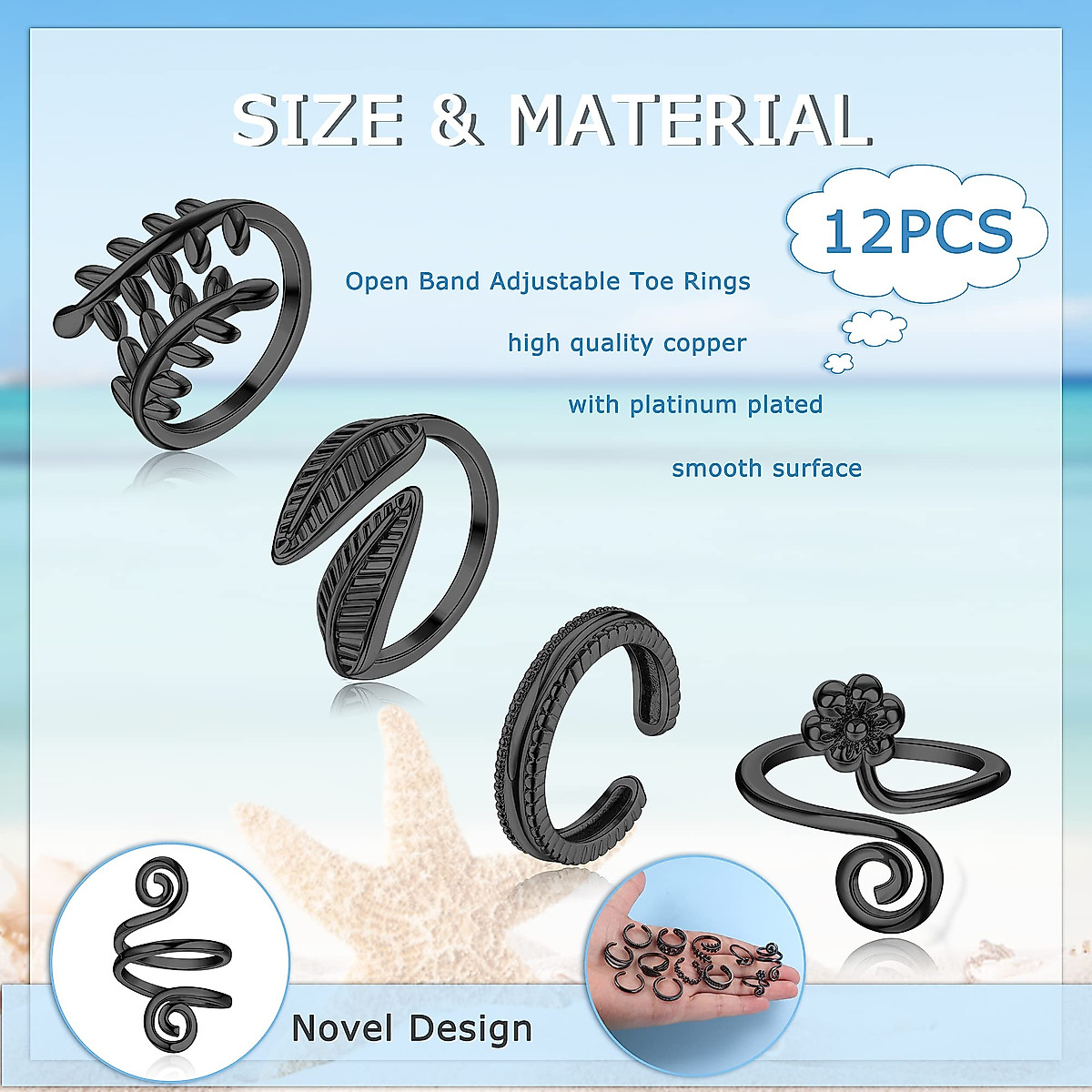 Sanfenly 12PCS Adjustable Toe Rings for Women Gold Silver Black Open Toe Rings Set Flower Arrow Leaf Heart CZ Tail Pinky Band Rings Summer Beach Foot Jewelry Set