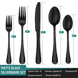 Hiware Matte Black Silverware Set with Serving Utensils for 8, Food Grade Stainless Steel Flatware Cutlery Set for Home and Restaurant, Fork Spoon Knife Set, Hand Wash Recommended