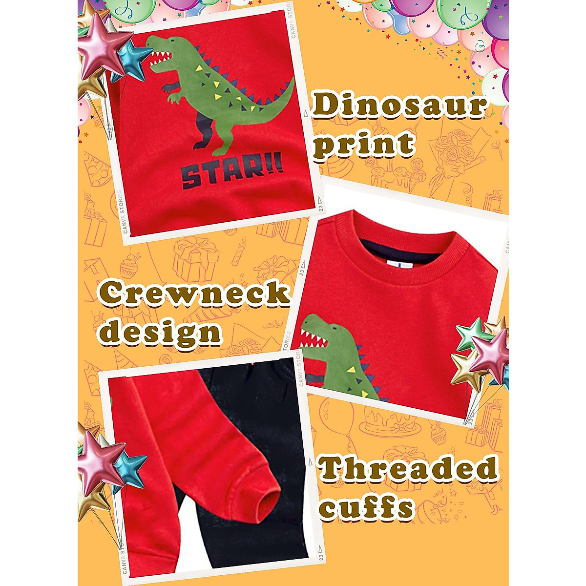 BOMDEALS Cute Valentines Sweatsuit for Toddler Boys - Kids Cartoon Pentacle Dinosaur Printed Long Sleeve Top Pants Outfits(311,Red,100)