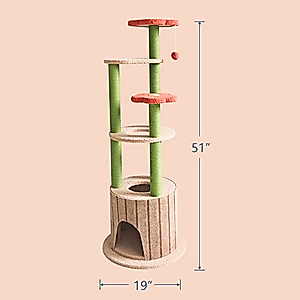 SENNAUX 51in Cat Tree Multi-Level Cat Tower Cat Condo Cat Activity Tree with Sisal Scratching Post Cat Climbing Flower Tower House for Cats Kittens Pets 6 Layers(Light Brown&Red)