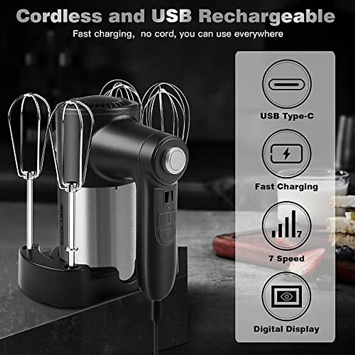 Rechargeable Cordless Hand Mixer Electric - 7 Speed Electric Handheld Mixer with Storage Base, Digital Screen, 4 Stainless Steel Accessories for Easy Whipping, Mixing Batters, Dough, Cookies, Cakes