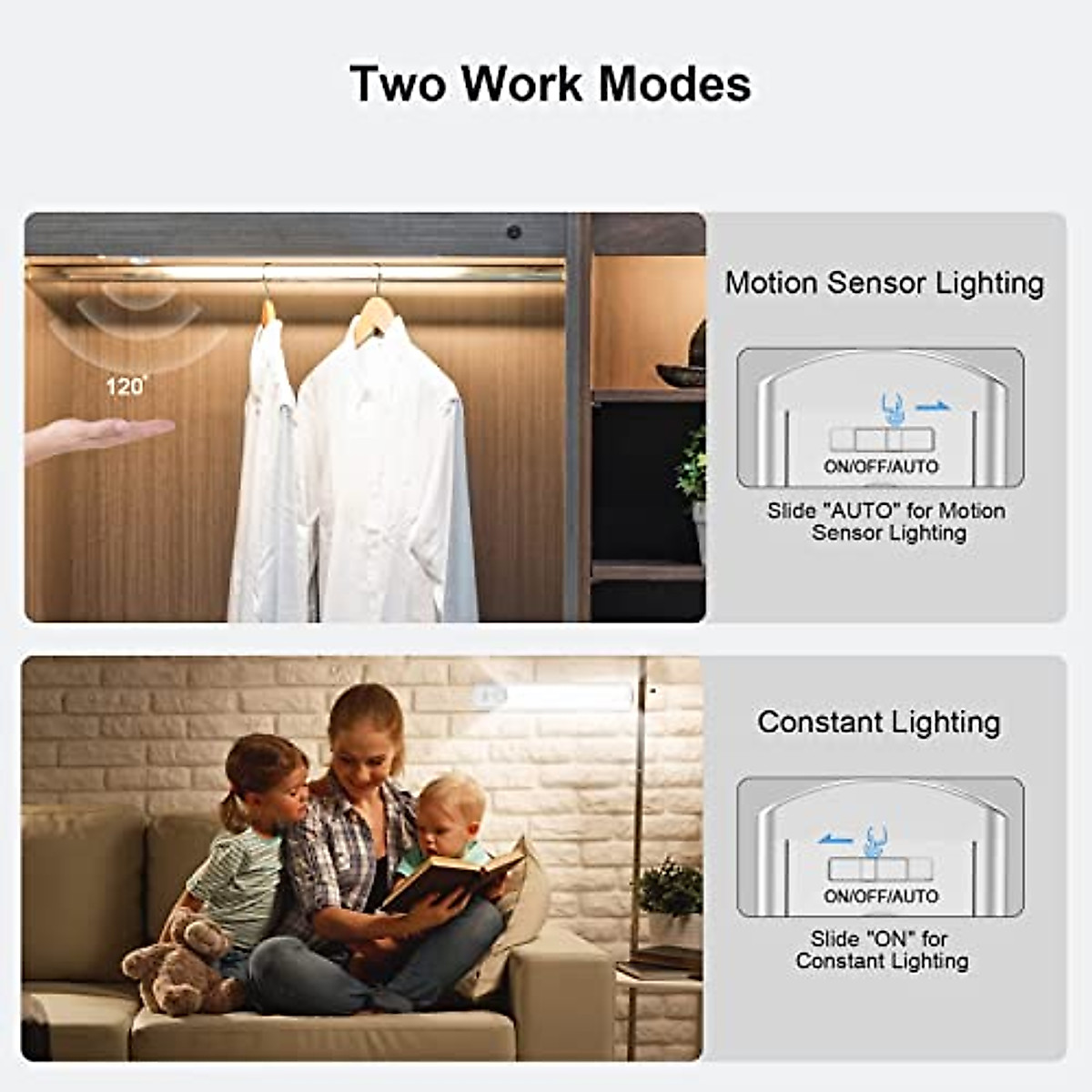 66-LED Under Cabinet Lights Motion Sensor - 3 Color Temperature Yellow/White Dimmable Wireless Closet Lighting w/ Rechargeable 1000mAh Battery, Indoor Night Lights for Kitchen Drawer Cupboard - 2Pack