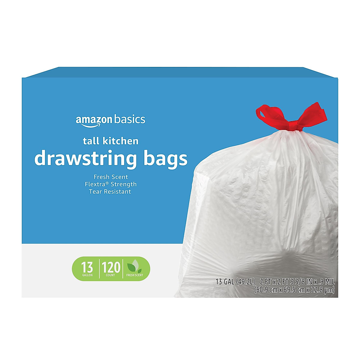 Amazon Basics Flextra Tall Kitchen Drawstring Trash Bags, Fresh Scent, 13 Gallon, 120 Count