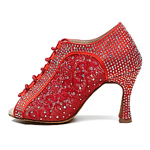 SWDZM Women's Latin Dance Shoes Open Toe Lace-up Mesh Ballrooom Tango Salsa Performence Ankle Dance Boots,Heel-3",9001,Red,6 US